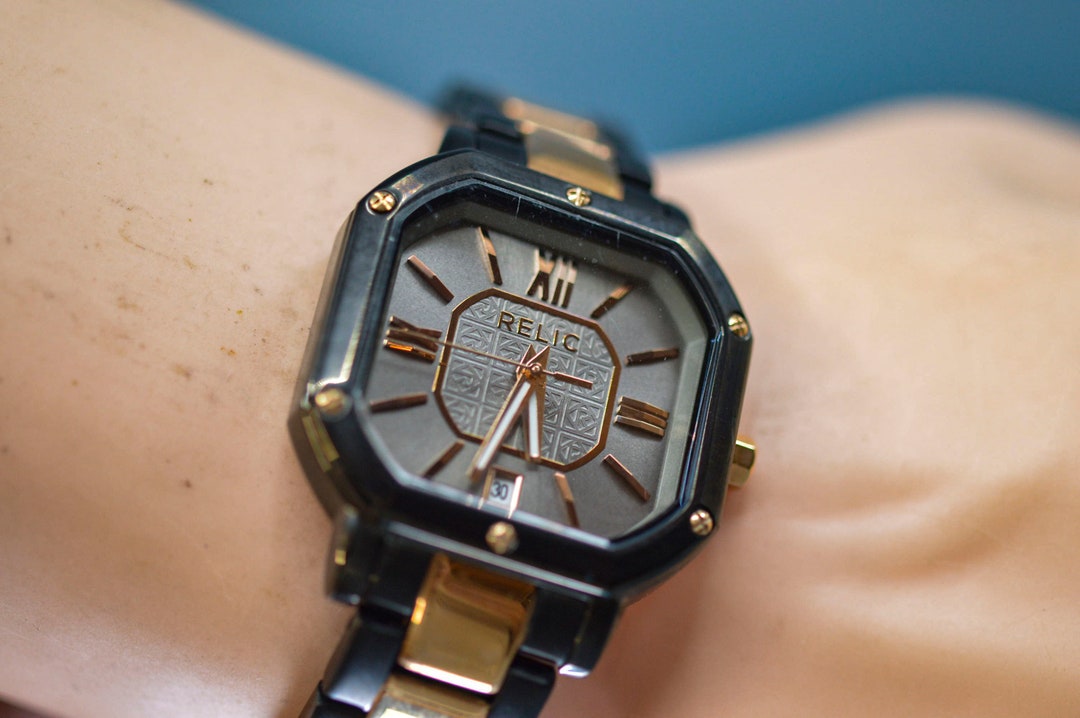 Relic, Black and Gold Tone, Quartz Wrist Watch - Etsy