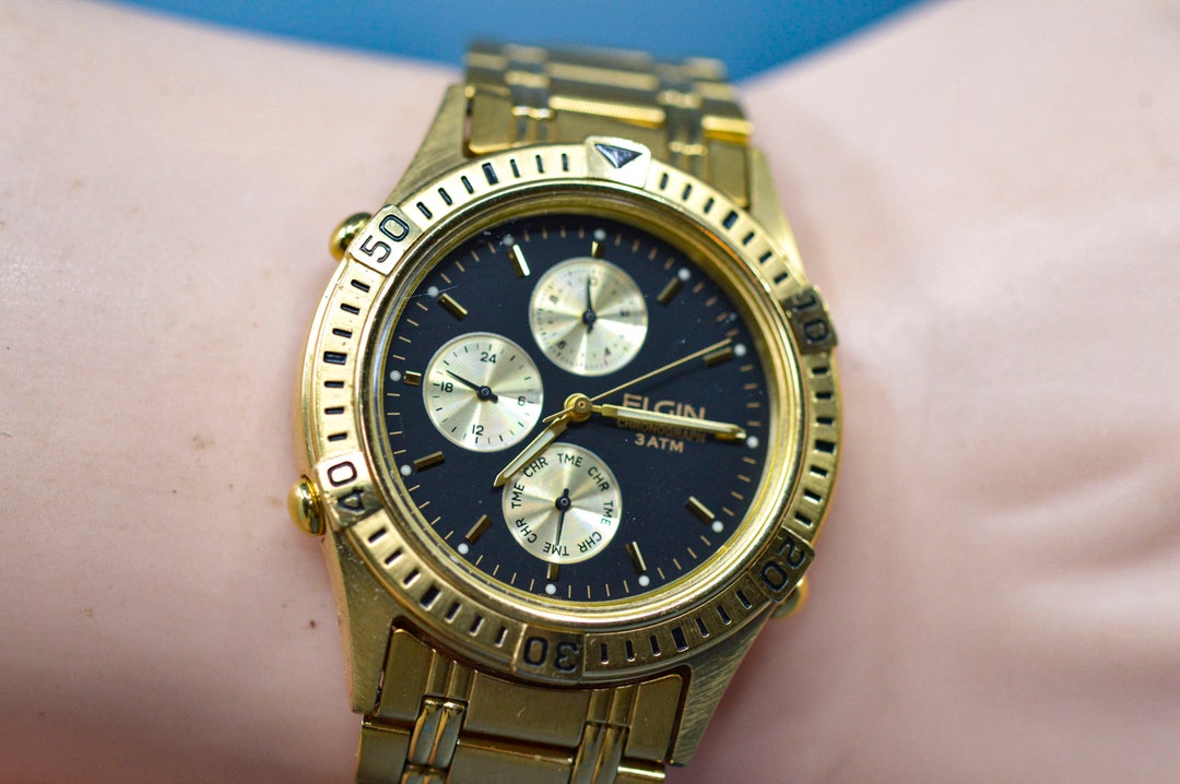 Elgin Chronograph. Gold Tone With Black Dial, Quartz Wrist Watch - Etsy