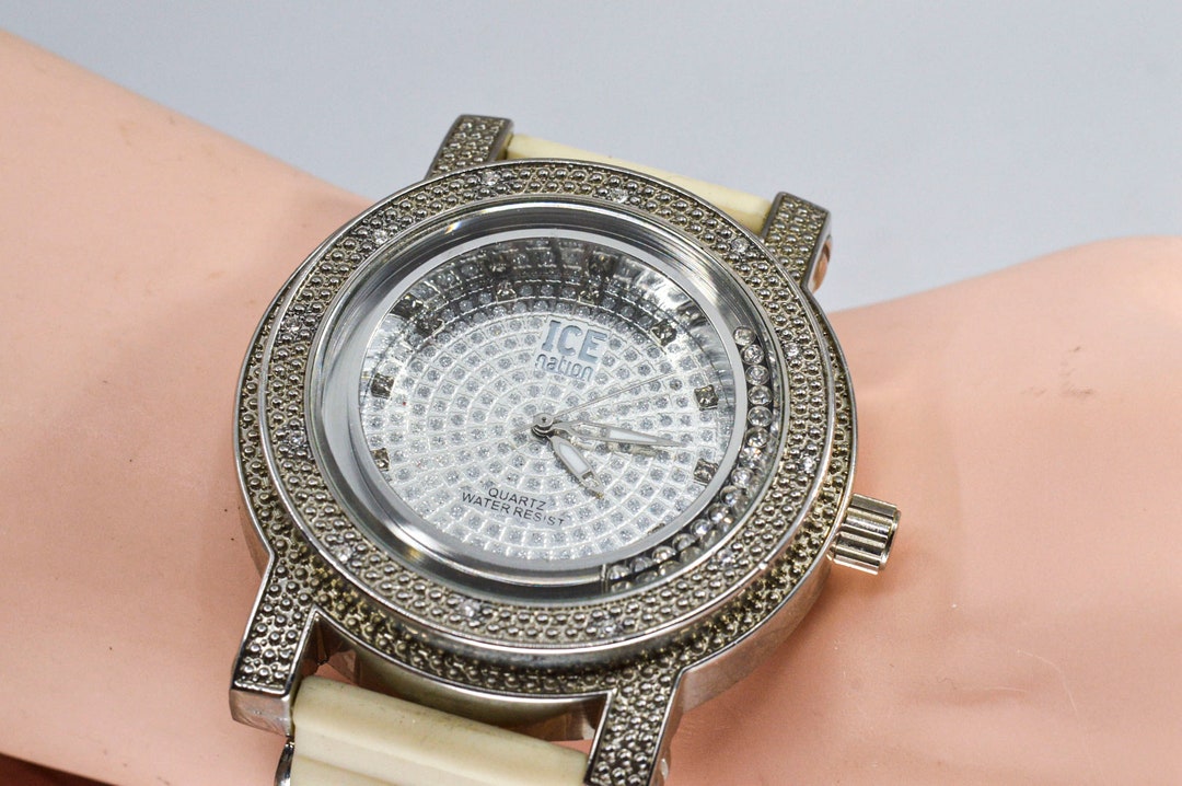 Ice Nation Steel Tone With Crystals and White Bracelt Mens, Large Wrist ...