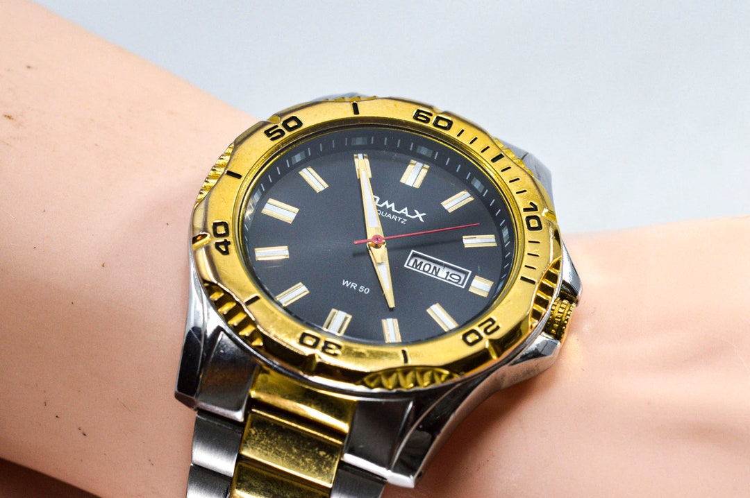 Qmax Two Tone. Steel and Gold Tone , Large Quartz Mens, Wrist Watch - Etsy