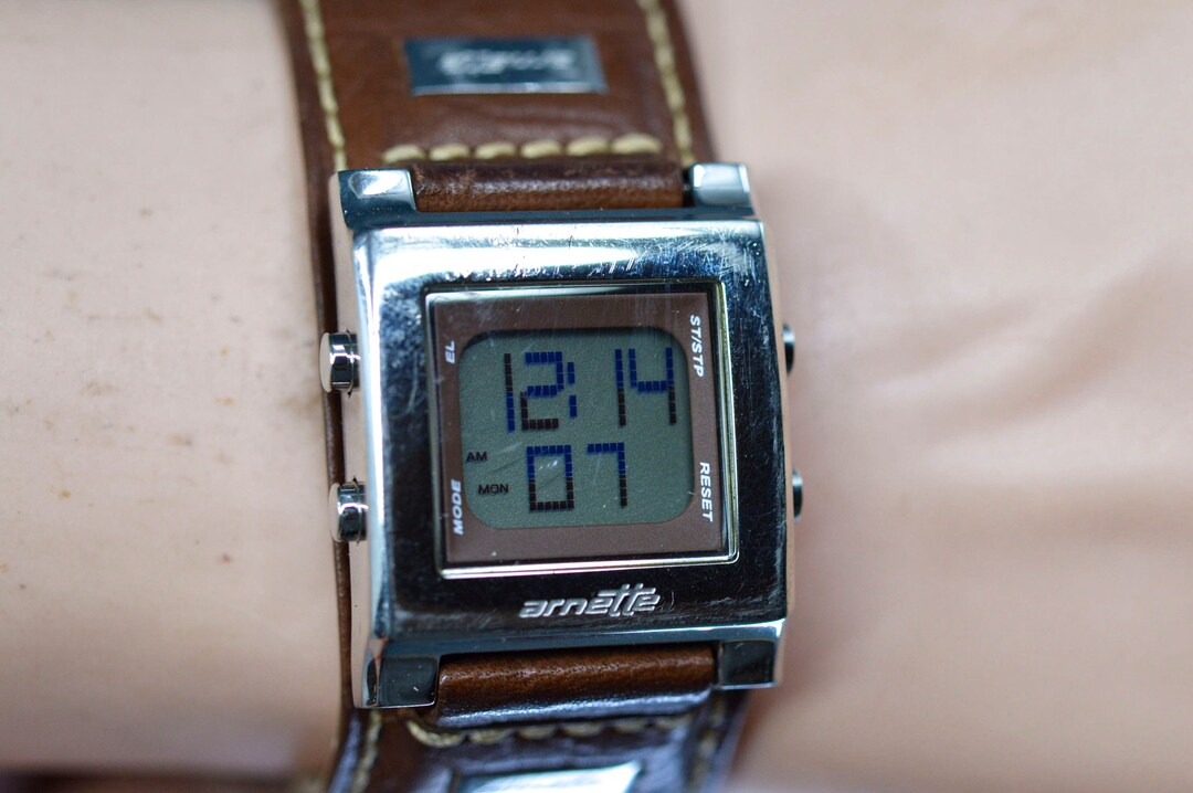 Arnette Steel Tone Wide Bracelet Digital Wrist Watch - Etsy