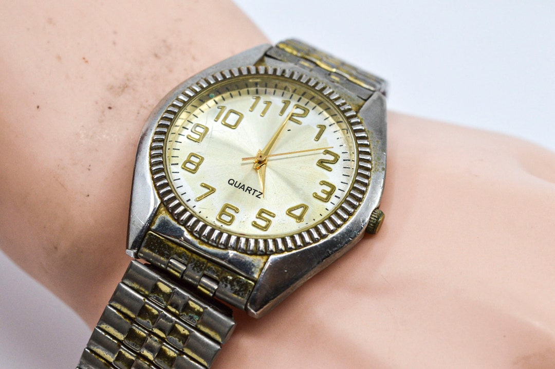 Steel Tone With Gold Tone Dial, Stretch Bracelet ,quartz Wrist Watch - Etsy