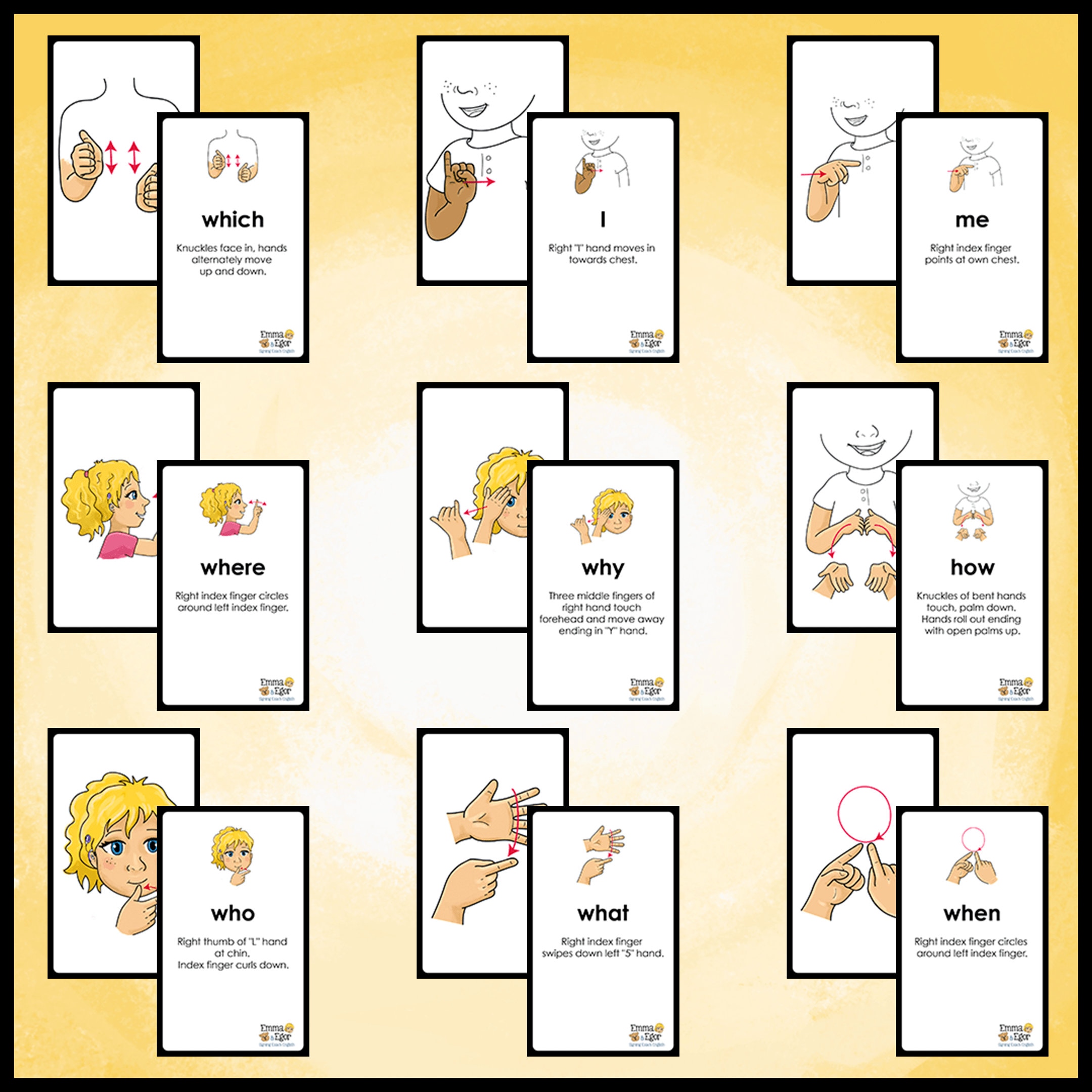 46 Flashcards-sign Language Pronouns who, What, Where, When, Do, And ...