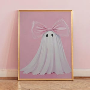 Pink Bow Ghost Wall Art Print, Halloween Decor, Preppy Trendy Printable ...
