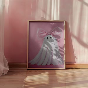 Pink Bow Ghost Wall Art Print, Halloween Decor, Preppy Trendy Printable ...