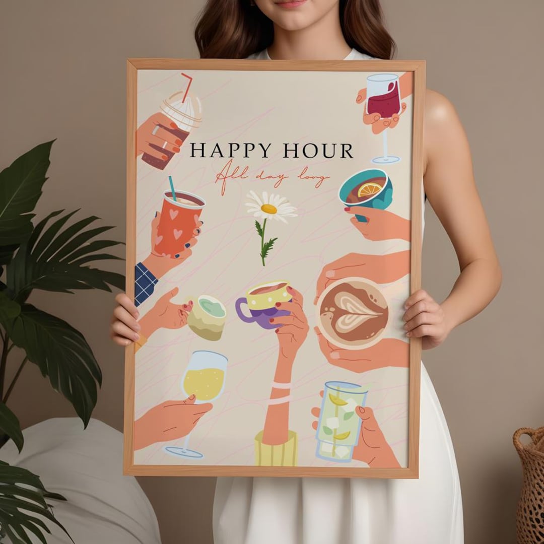 Happy Hour Poster, Cocktail Poster, Aesthetic Girly, Bar Cart Art ...