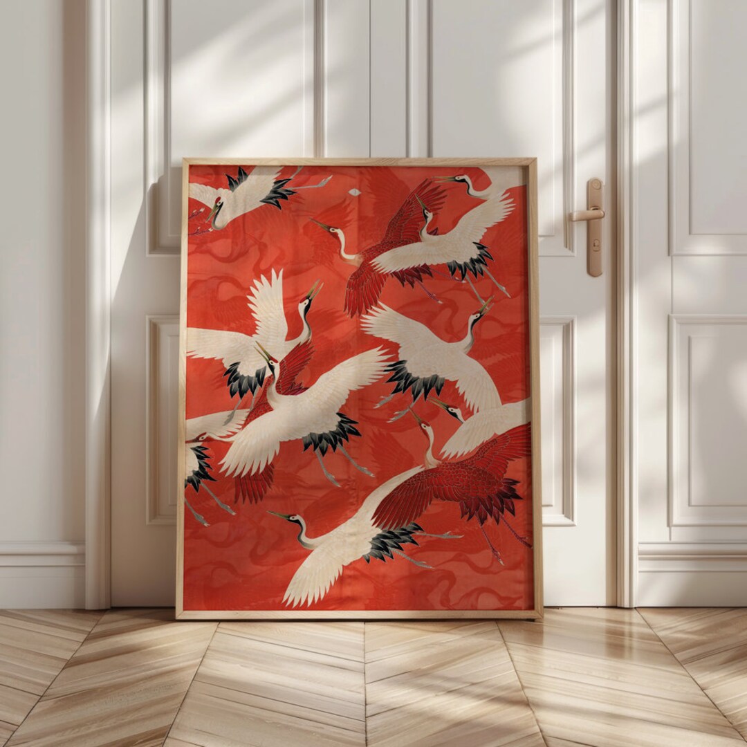 Red Crane Bird Digital Poster, Vintage Japanese Print, Japan Crane ...