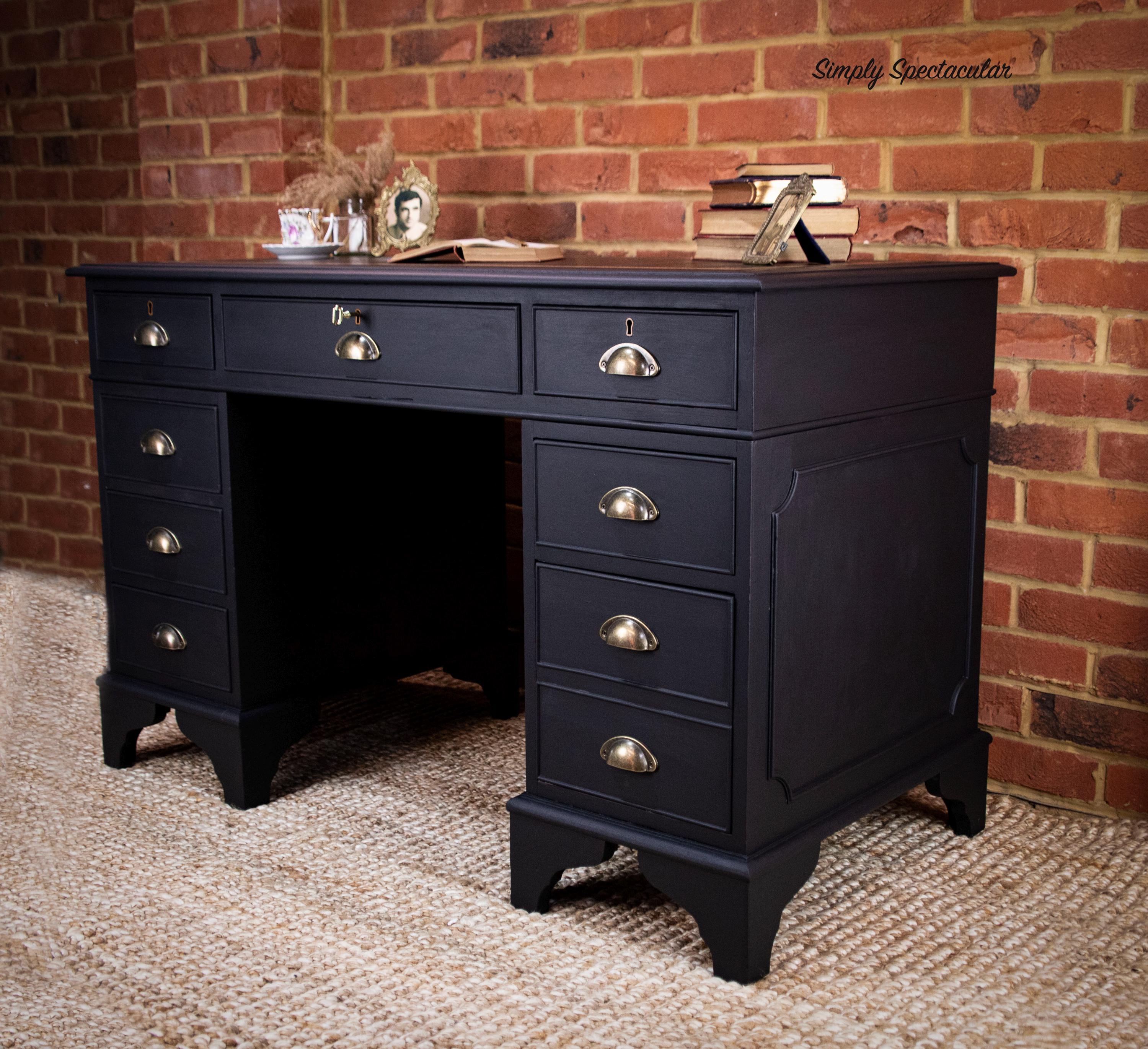 Vintage Black Captains / Pedestal Desk With Black Leather Inlay ...