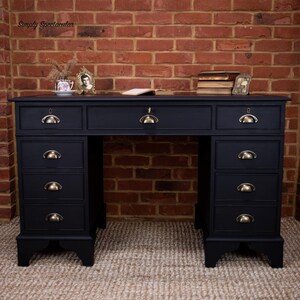 Vintage Black Captains / Pedestal Desk With Black Leather Inlay ...