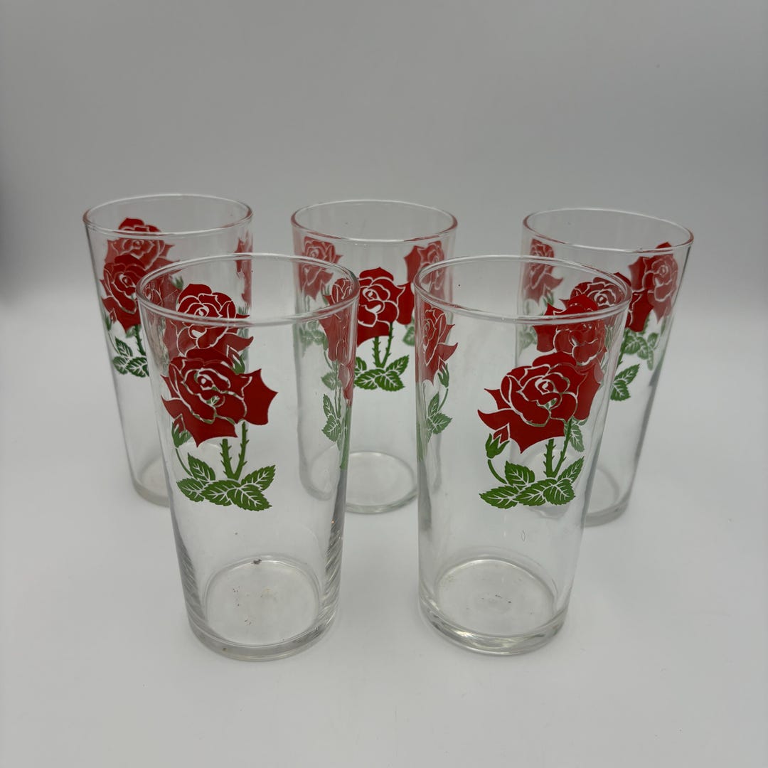 Vintage Libbey Drinking Juice Glasses Set of 5 Red Rose Floral Clear 12 ...