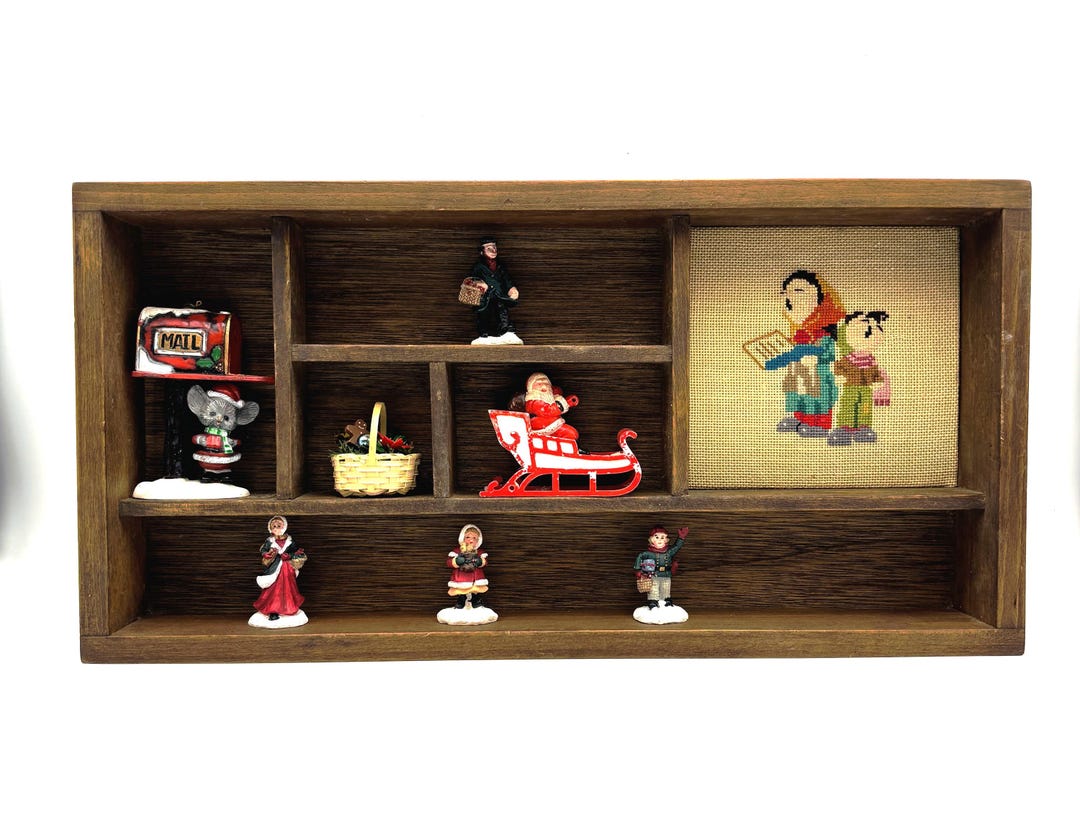 Vintage Farmhouse Wooden SHADOW BOX Wall Display Shelf Curio 6 Cubbies ...