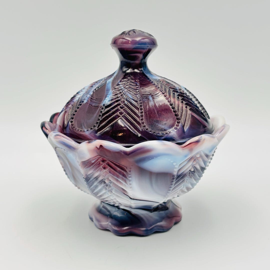 Vintage Imperial Purple Slag Glass Lidded Candy Dish End of Day ...