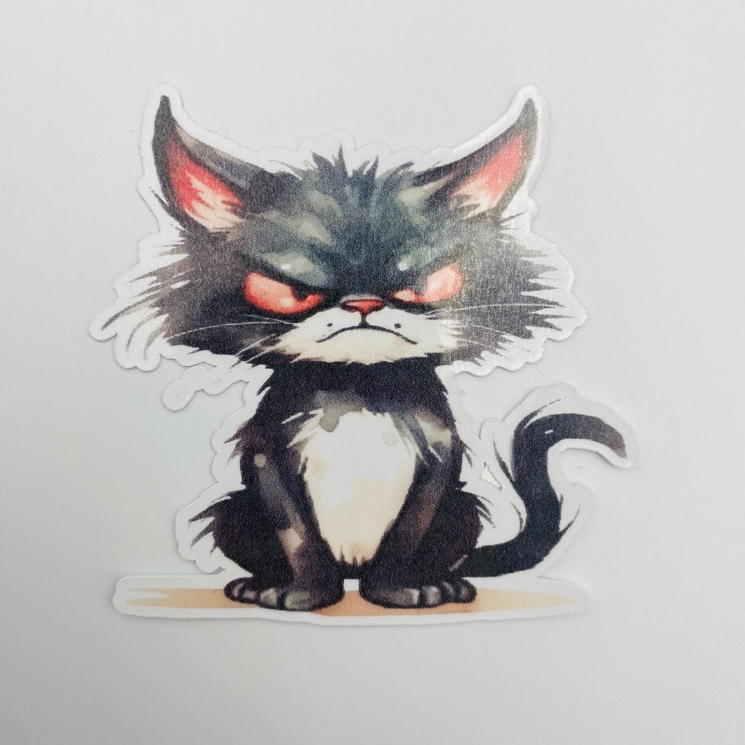 Funny Grumpy Scruffy Black Cat Sticker Cute Sticker | Grumpy Kitty ...
