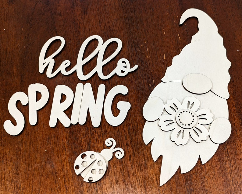 Wood Wording and Cut Outs to Make a Hello Spring Gnome Wood Round Sign ...