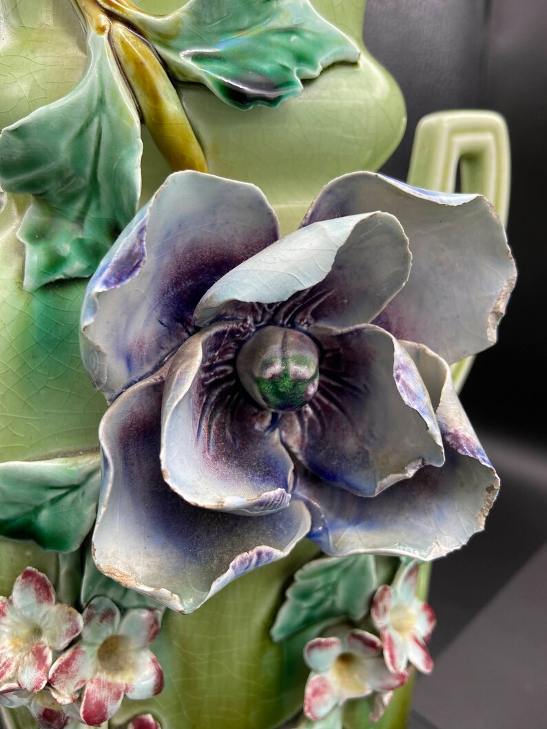 Art Nouveau Vases 1900 Majolica Slip Ceramic Flowers in Relief Purple ...
