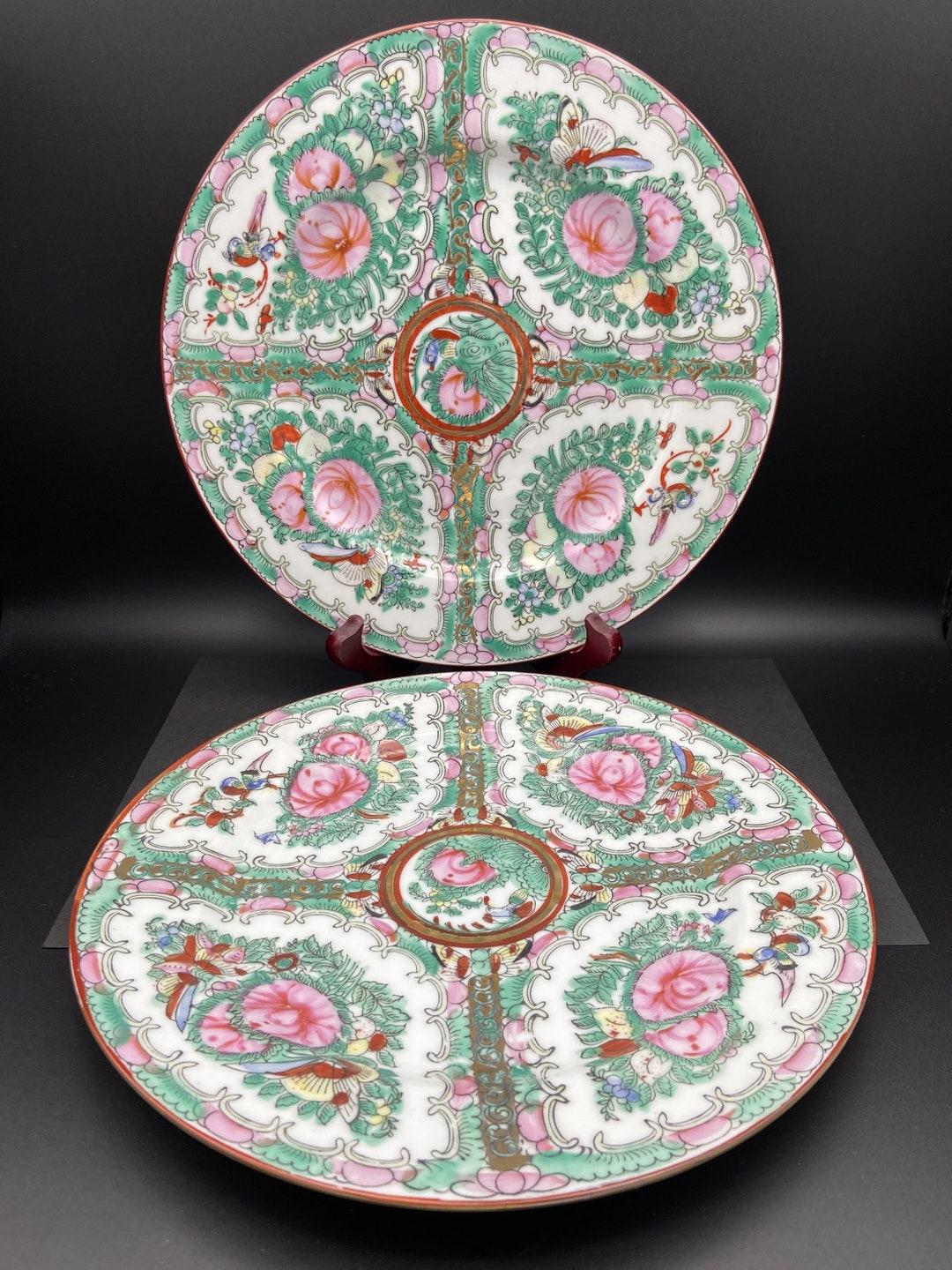 MACAU Decorative Plates X2 1965 Chinese Porcelain Peony Gold Green Pink ...