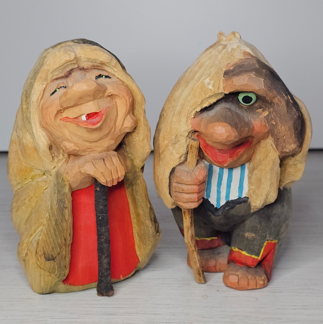 Vintage Hand Carved Norwegian Trolls by Henning - Authentic Wooden Folk ...