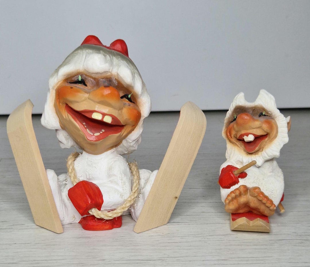 Henning Vintage Norwegian Hand Carved Wooden Skiing Trolls - Etsy