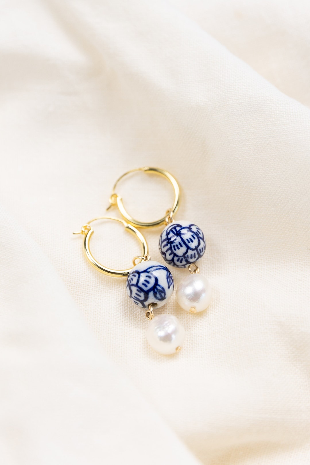 Blue White Floral Porcelain Earrings With Pearl, Gold Hoop Delft ...