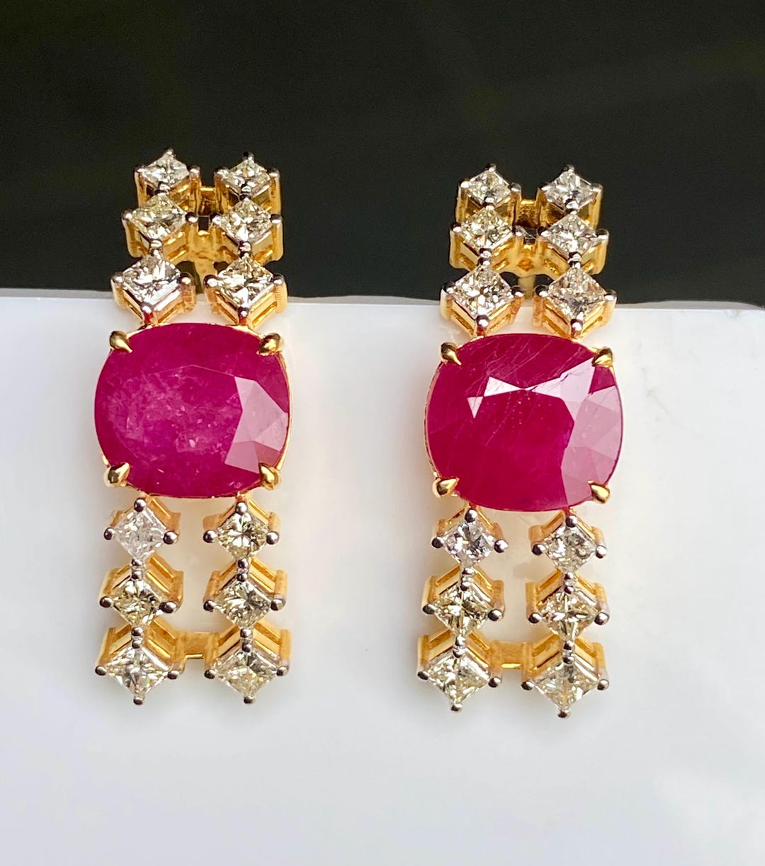 Hot Red Ruby & Diamond Earrings 14K Yellow Gold. - Etsy