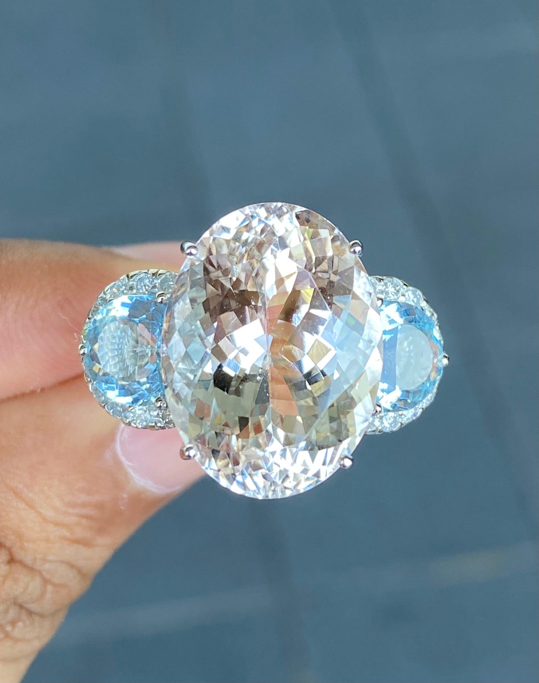 13.42CTS Giant White Beryl Ring, Rare Quality, Half Moon Cut Aquamarine ...