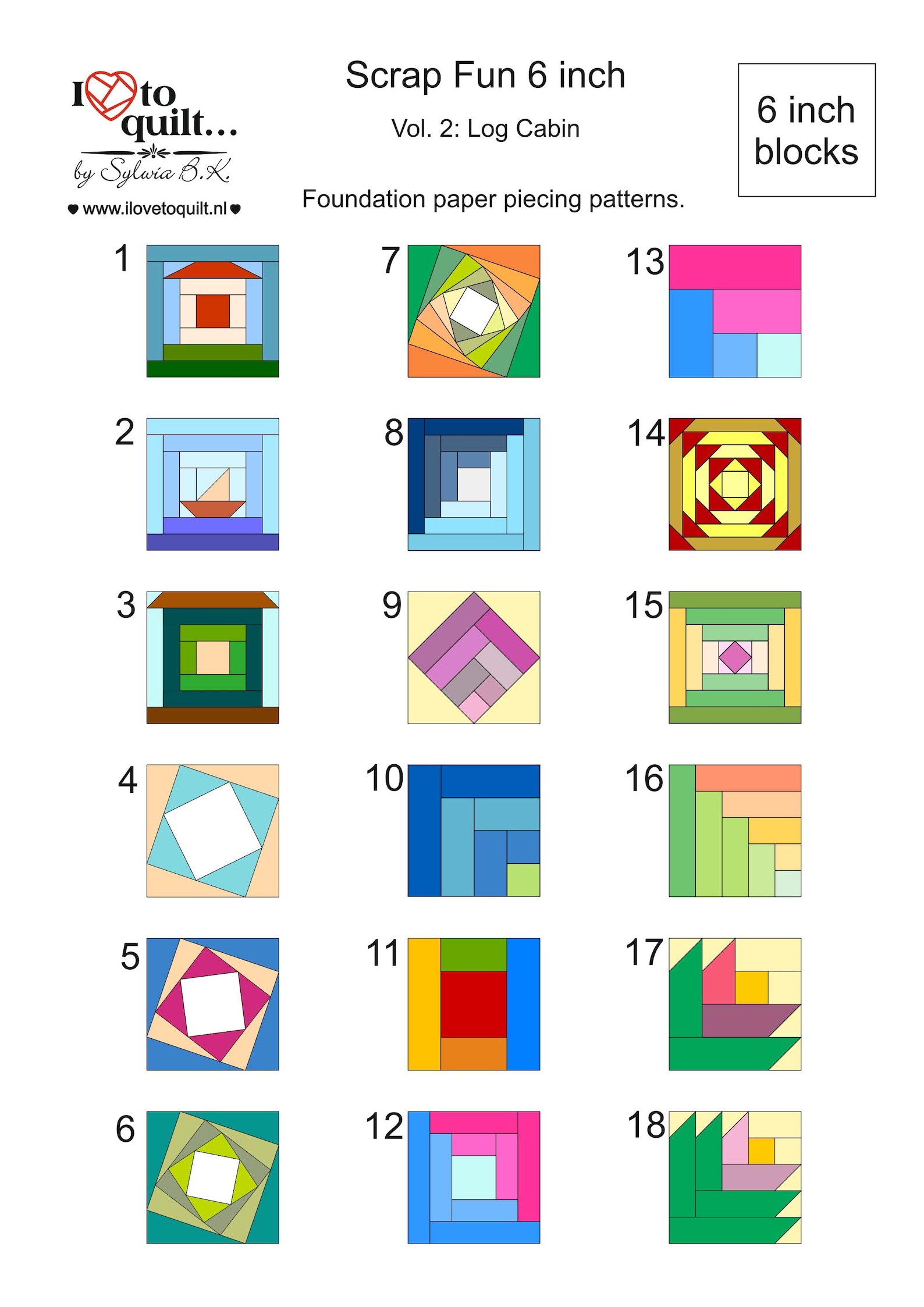 Log Cabin Quilt Block Patterns: 6 Inch Foundation Paper Piecing (PDF ...