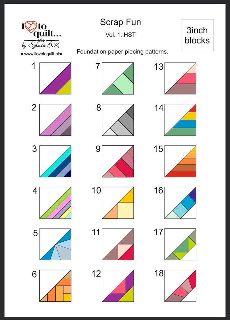 Scrap Fun 3 Inch Vol.1 HST: 18 Foundation Paper Piecing Patterns of ...