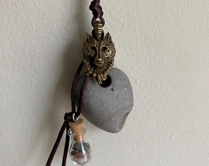 Hag Stone Wolf Necklace With Vial of Agate Crystals: Manifestation ...