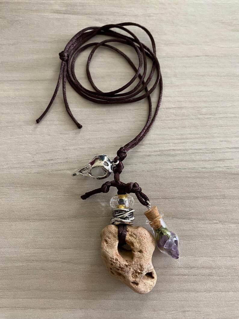 Hag Stone Raven Necklace With Vial of Basil and Amethyst: Protection ...