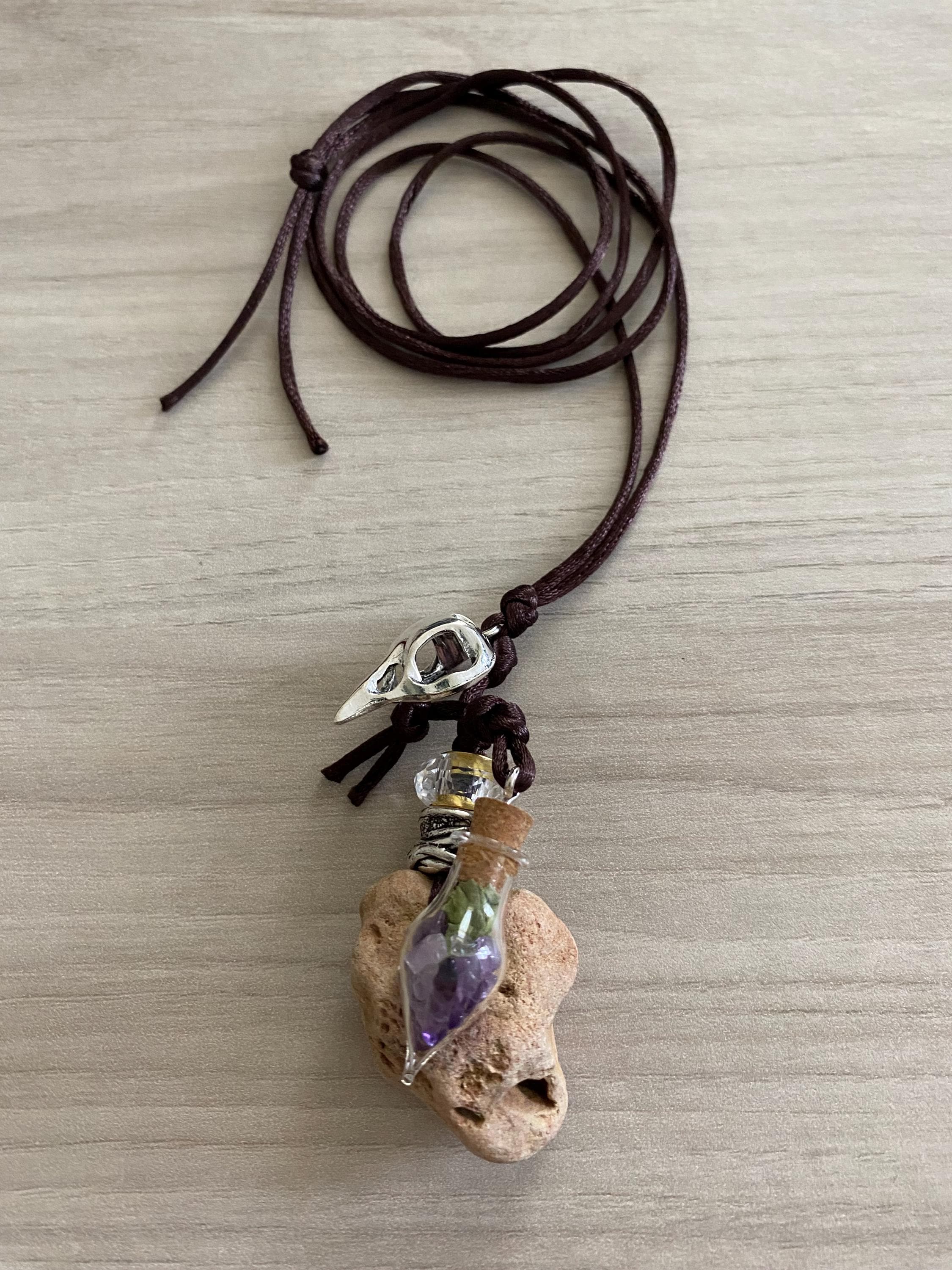 Hag Stone Raven Necklace With Vial of Basil and Amethyst: Protection ...