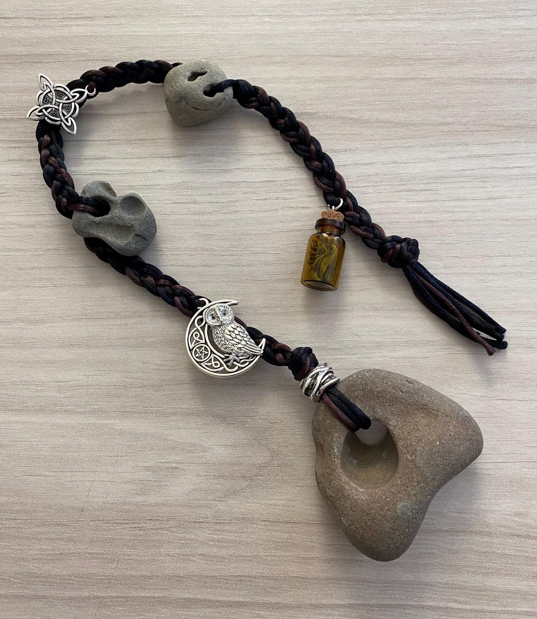 Hag Stone Owl and Moon Talisman: Protection Witch Knot Amulet, Vial of ...