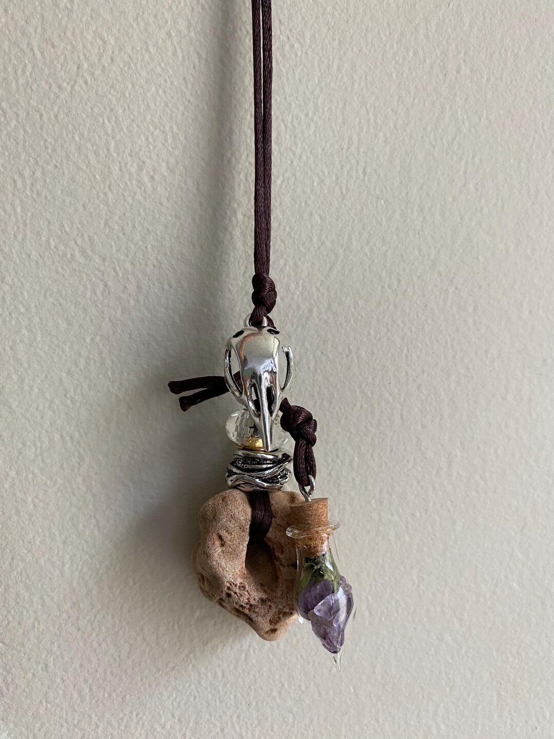Hag Stone Raven Necklace With Vial of Basil and Amethyst: Protection ...