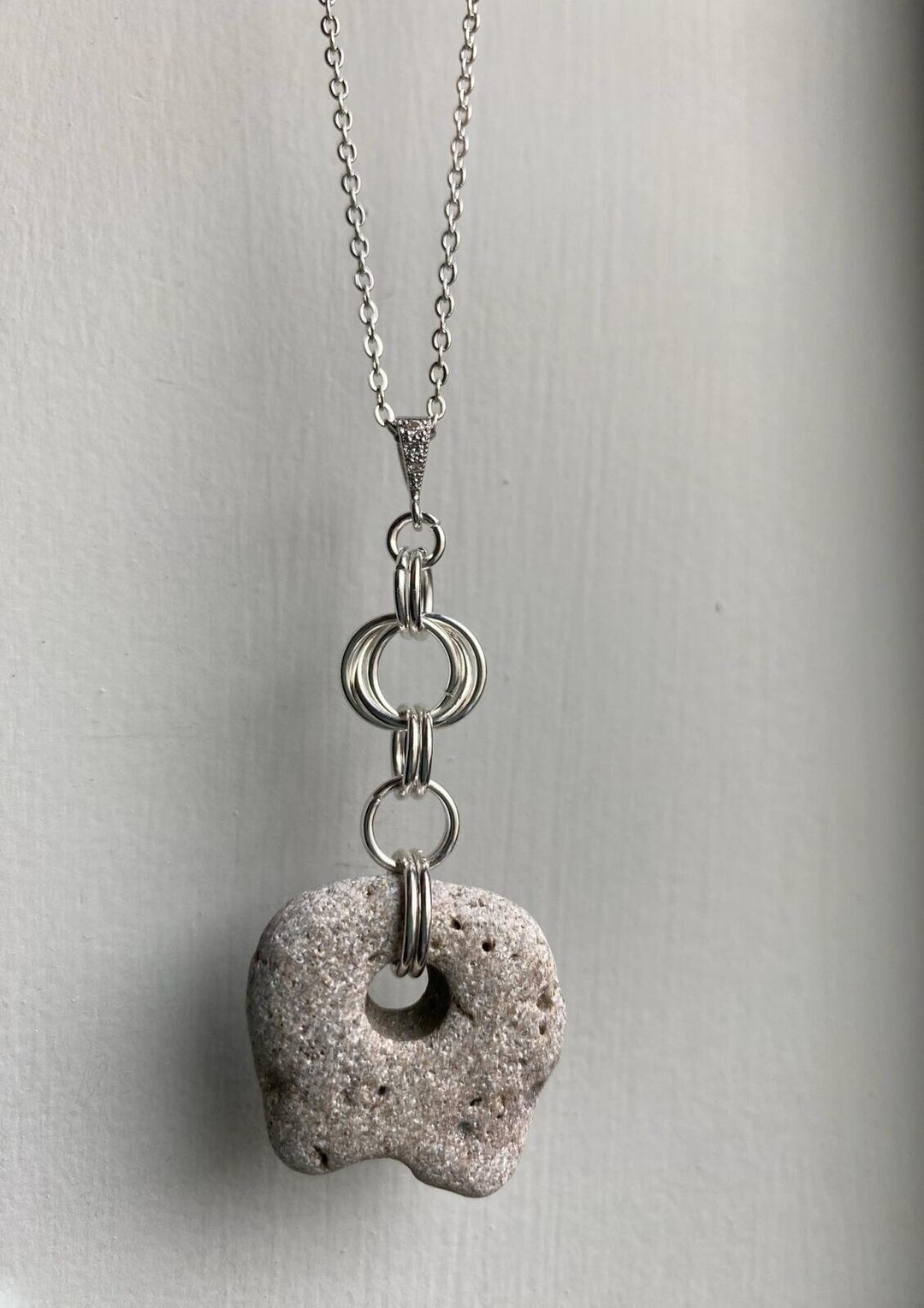 Hag Stone Necklace, Chainmaille Necklace, Holy Stone Pendant, Chain ...