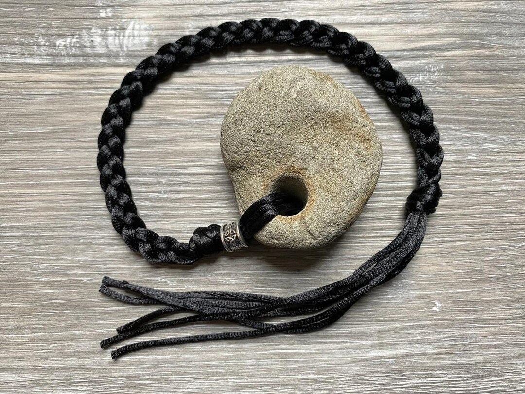 Hag Stone Amulet on Black Satin Rattail Cord With Celtic Knot Bead is ...