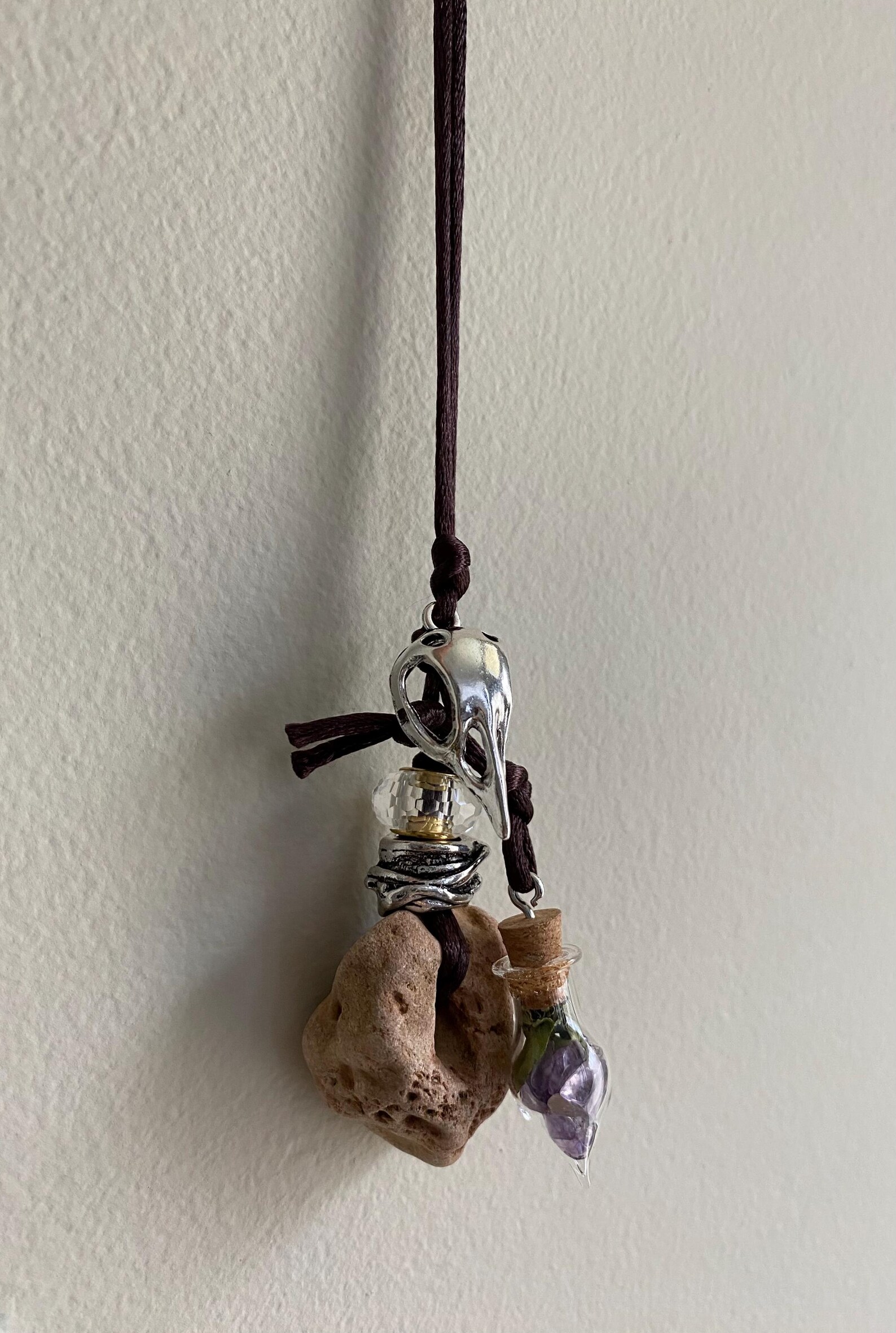 Hag Stone Raven Necklace With Vial of Basil and Amethyst: Protection ...