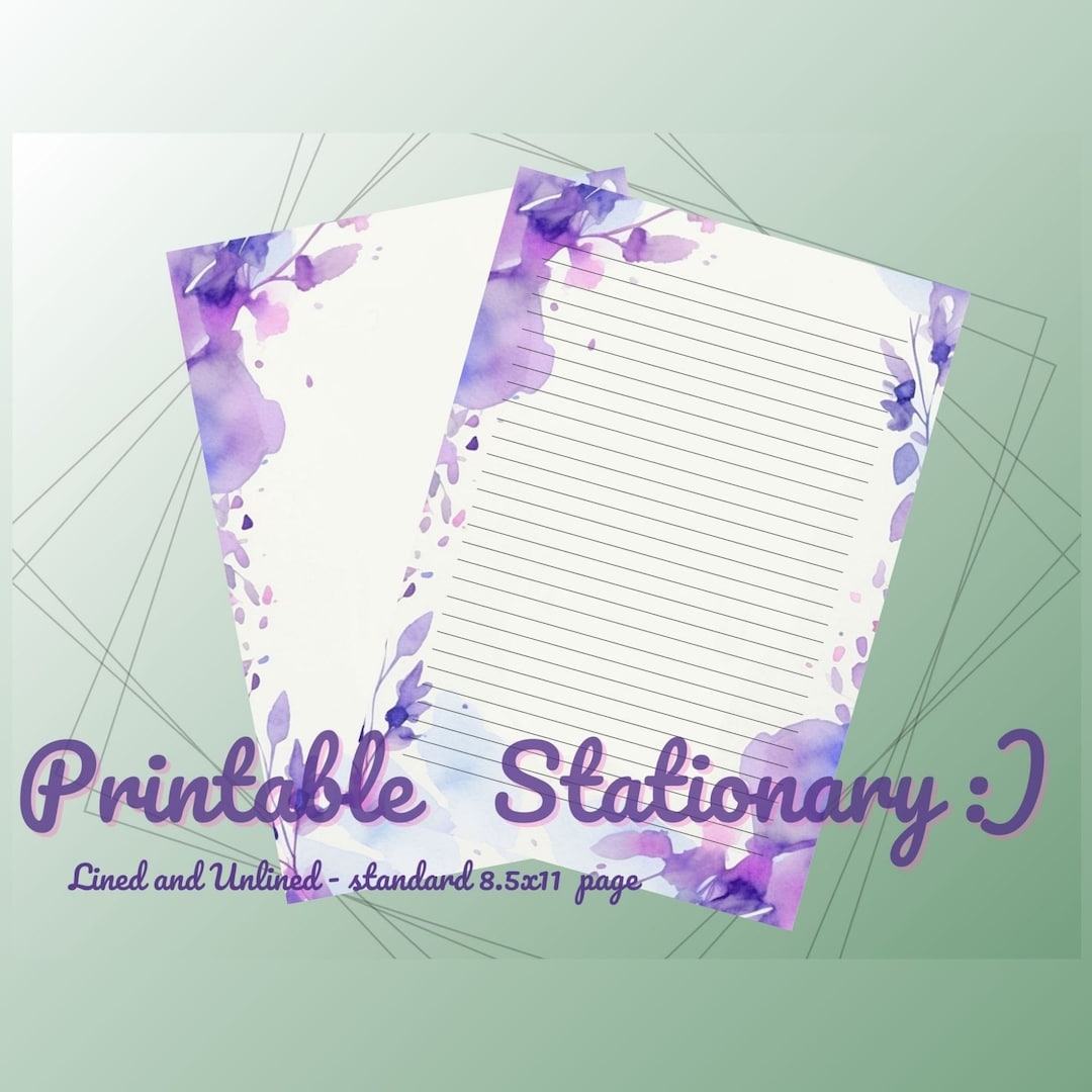 Printable Stationary Set Bullet Journal Page Purple Watercolor Splashes ...