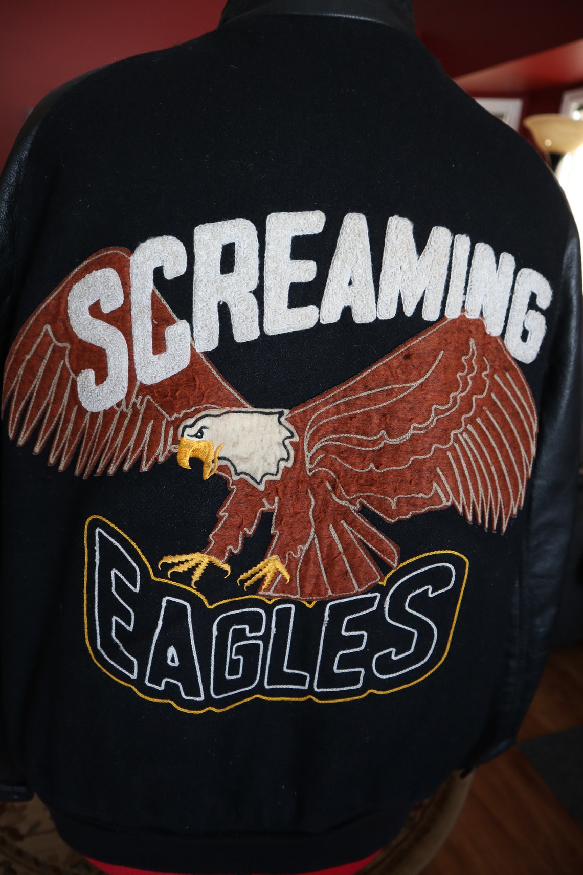 Vintage Varsity Jacket, Screaming Eagles on Back. Material Leather/felt ...