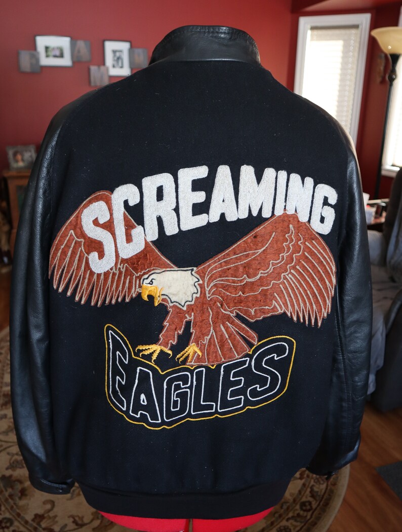 Vintage Varsity Jacket, Screaming Eagles on Back. Material Leather/felt ...