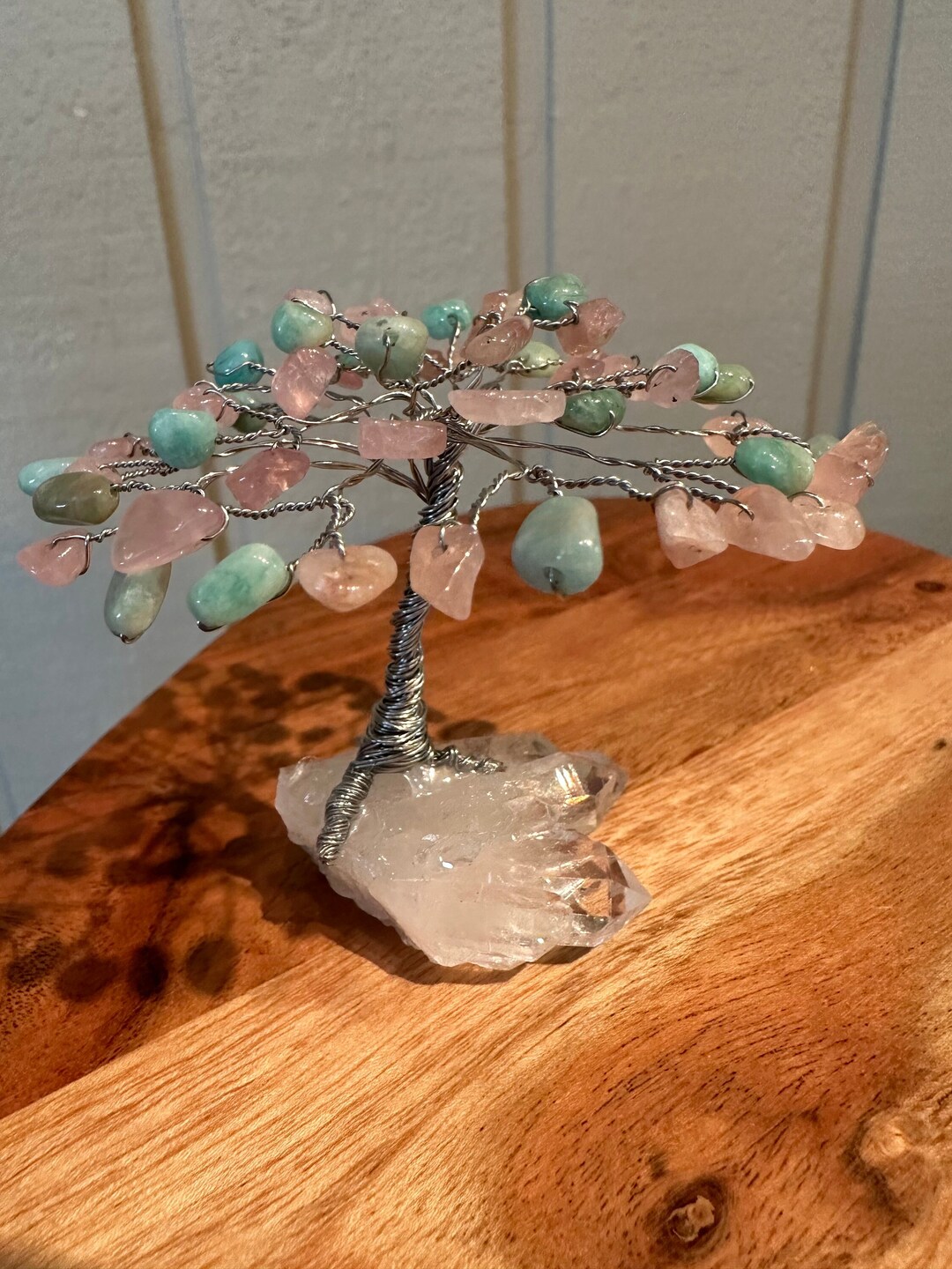 Gemstone Tree, Rose Quartz & Amazonite Stones on Icy Clear Quartz ...