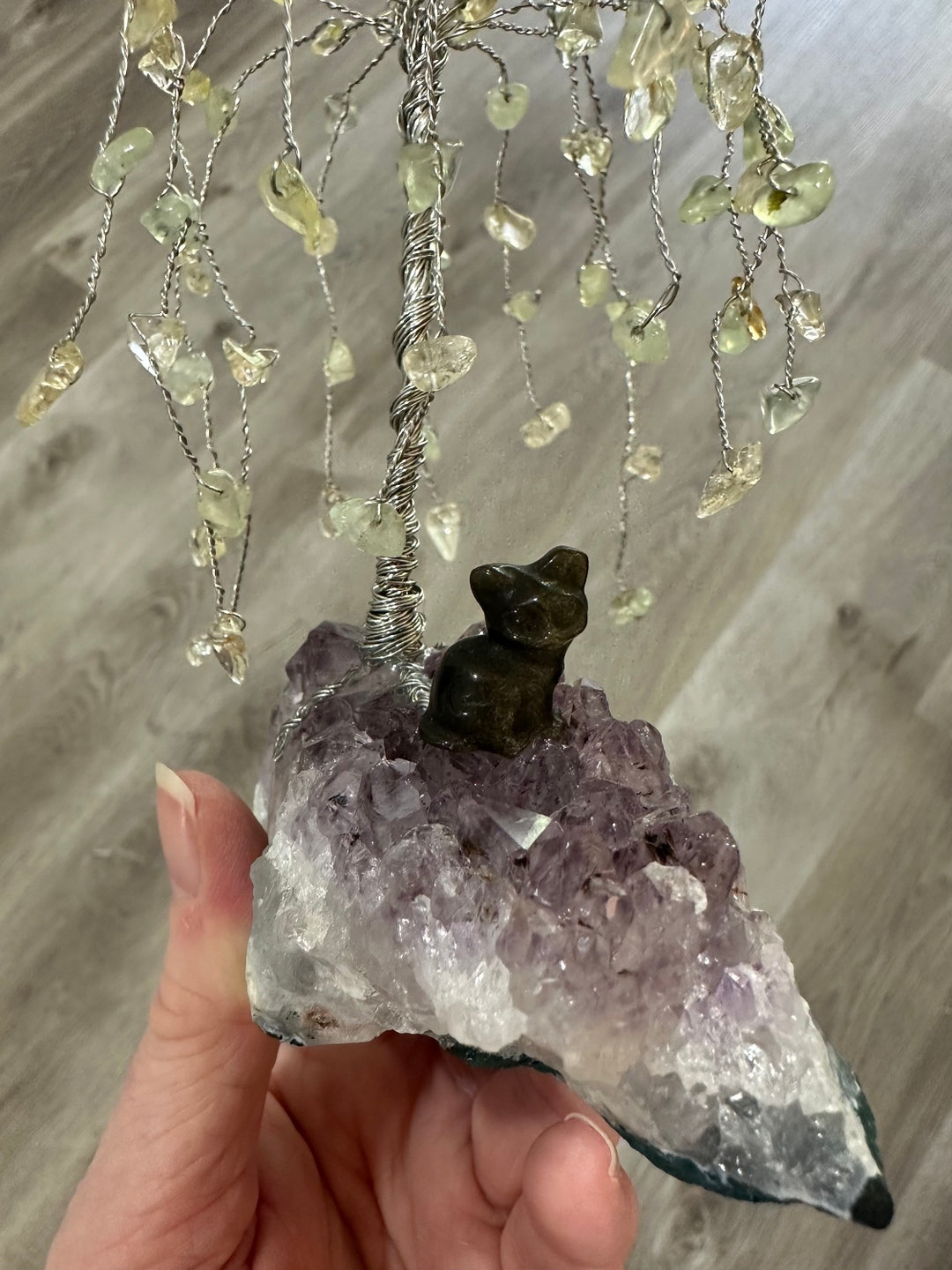 Cat Under Weeping Willow Gemstone Tree, Citrine & Prehnite Stones on ...