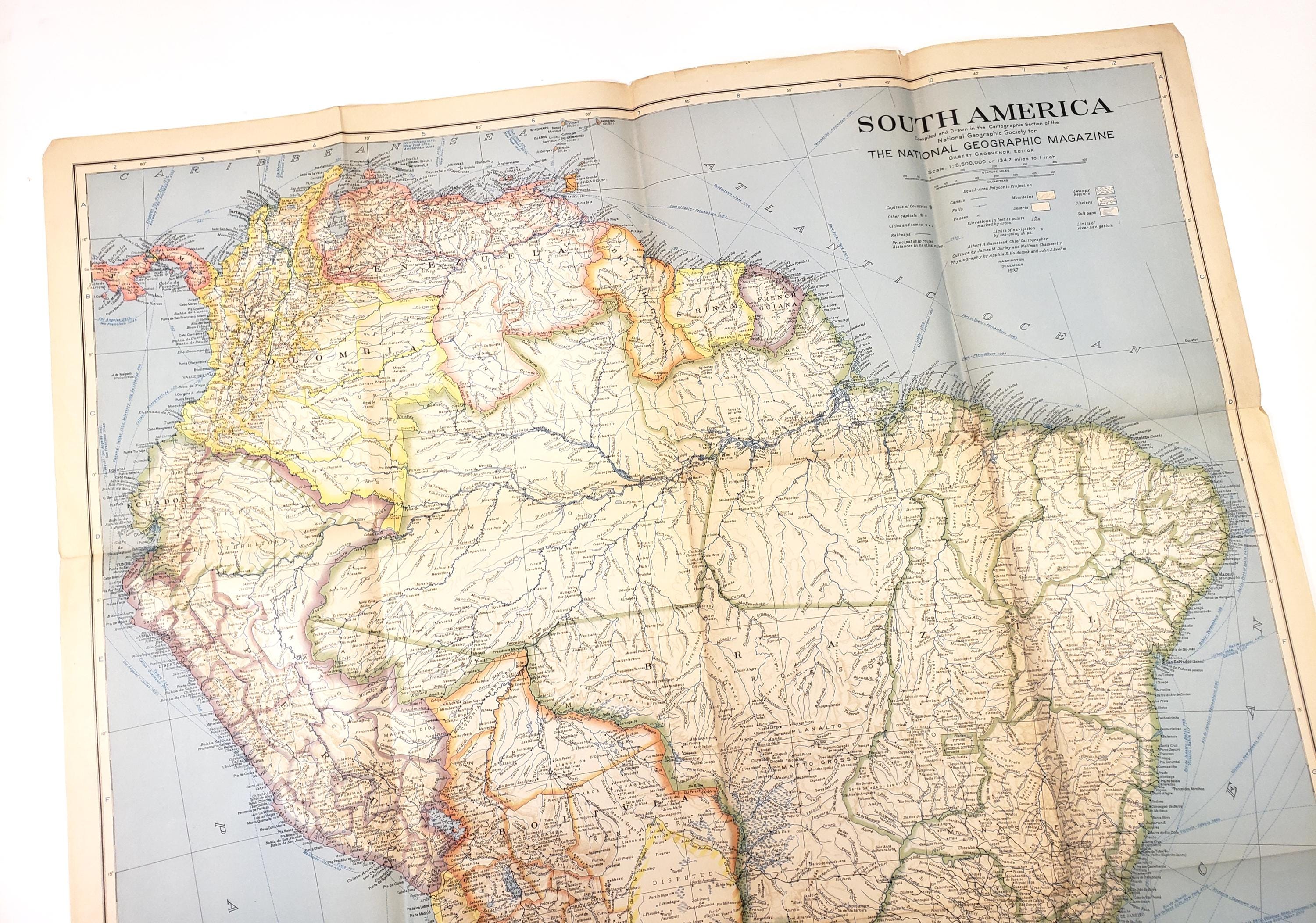 Map of South America, Vintage 1937 Wall Map, Vintage Ephemera, Junk ...