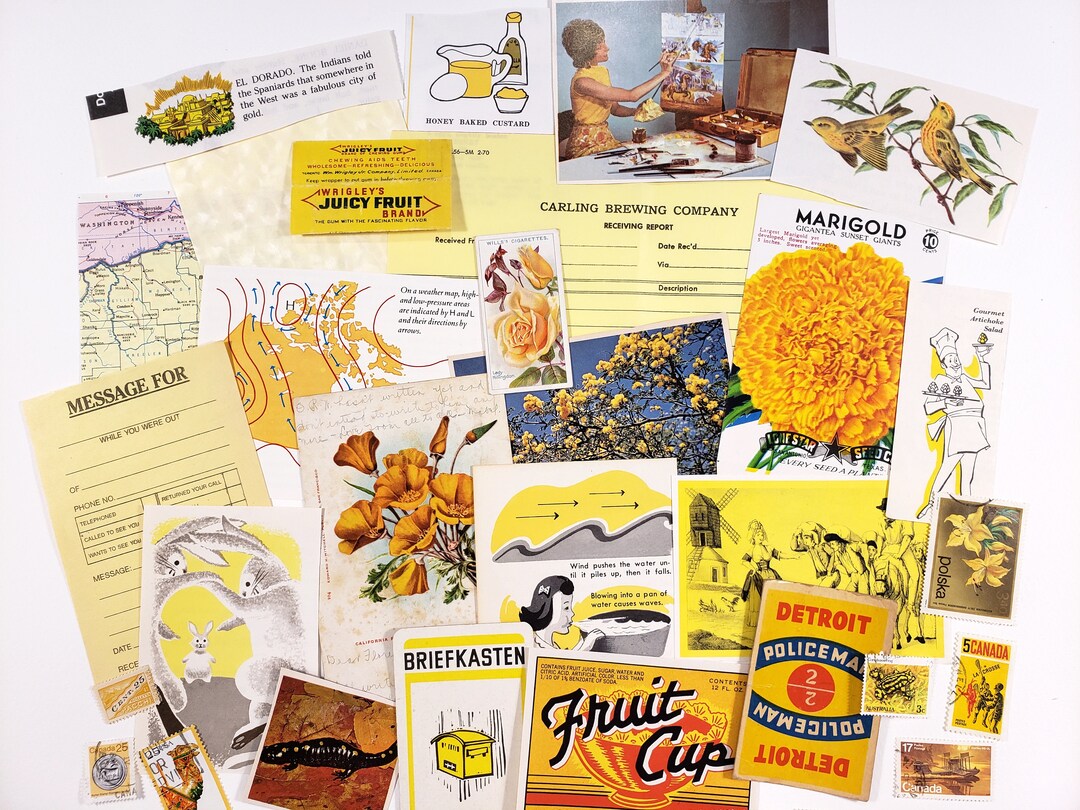 YELLOW Vintage MINI Ephemera - 25 Pieces, Colour Theme, Junk Journaling ...