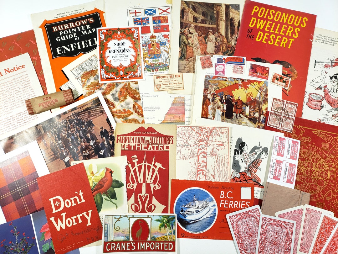 RED Vintage Ephemera - 25+ Pieces, Colour Theme, Junk Journaling, Craft ...