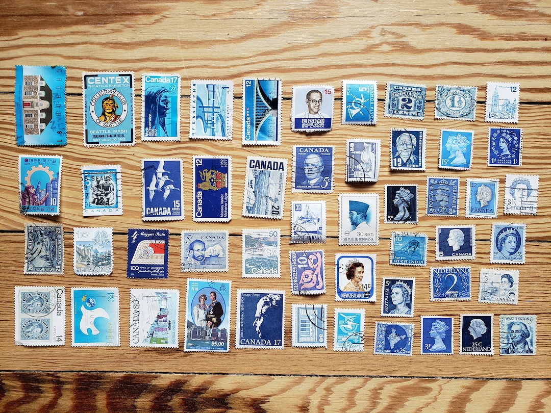 Vintage Blue Postage Stamps, ALL DIFFERENT Mixed Pack of 50 Stamps ...