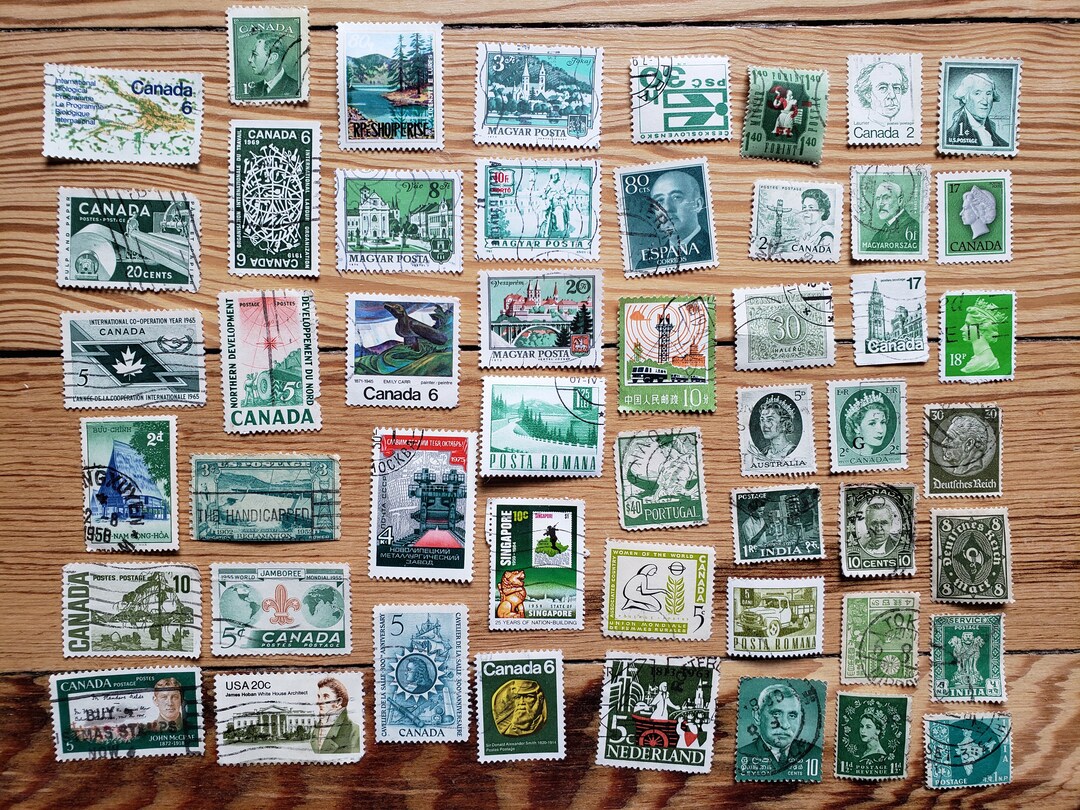 Vintage Green Postage Stamps, ALL DIFFERENT Mixed Pack of 50 Stamps ...