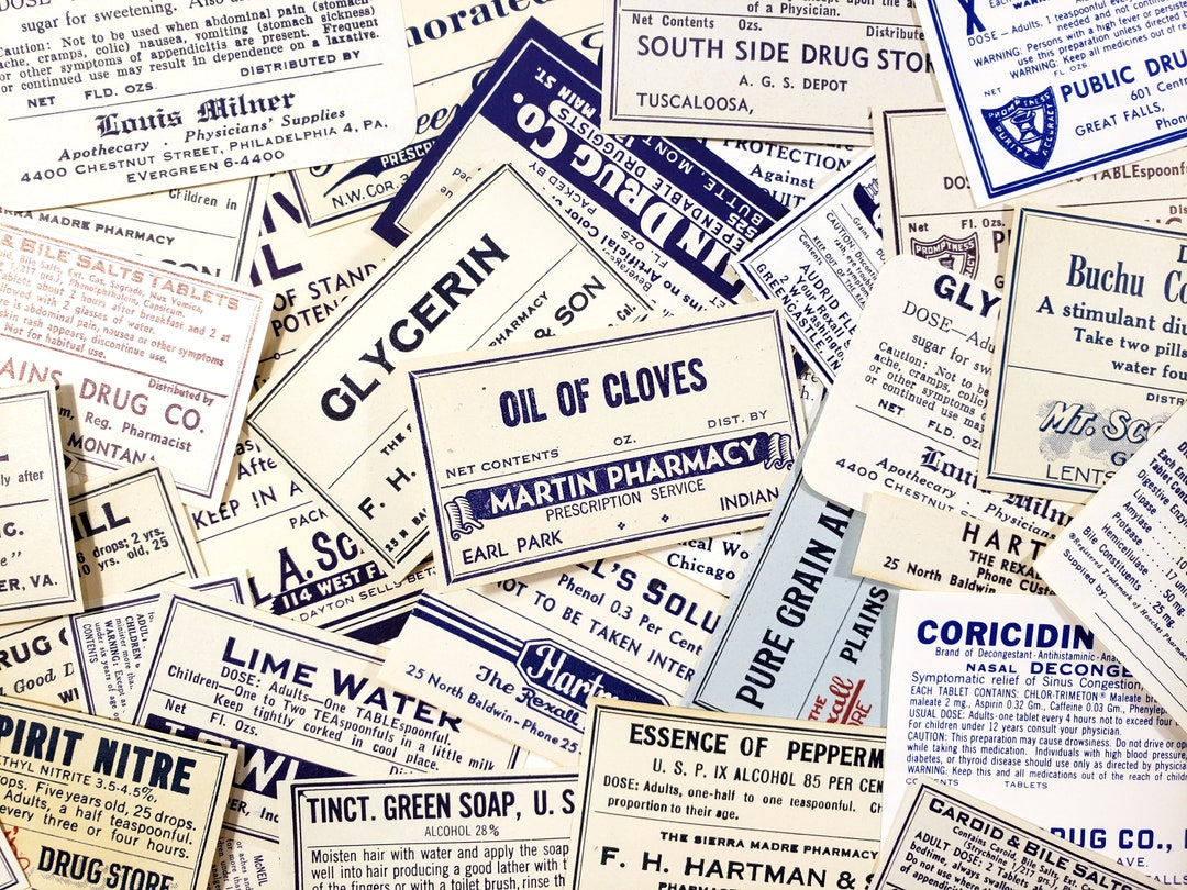 Vintage BLUE Apothecary Labels, Lot of 10 Antique Pharmacy Bottle ...
