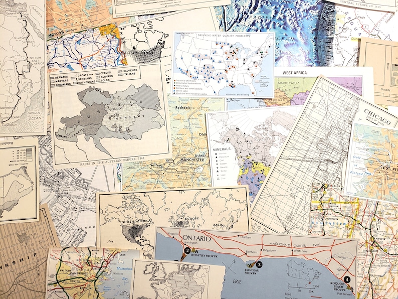 Mini Maps & Scraps, Vintage Ephemera Pack, Map Pieces, Maps for Craft ...
