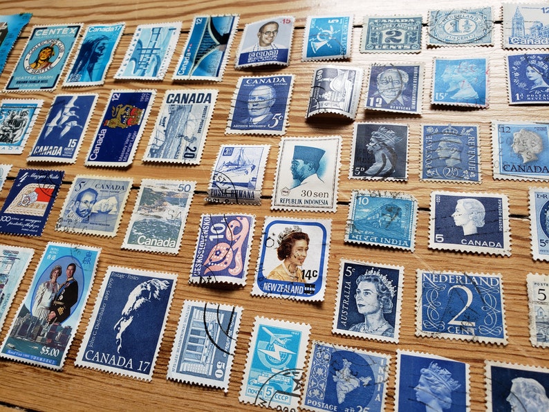 Vintage Blue Postage Stamps, ALL DIFFERENT Mixed Pack of 50 Stamps ...