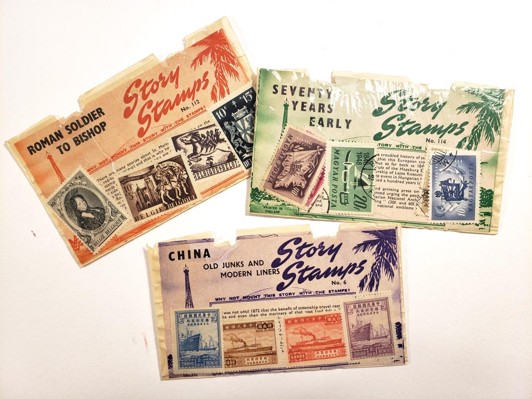 Vintage Story Stamps, World Postage Stamps in Folder, Paper Ephemera ...