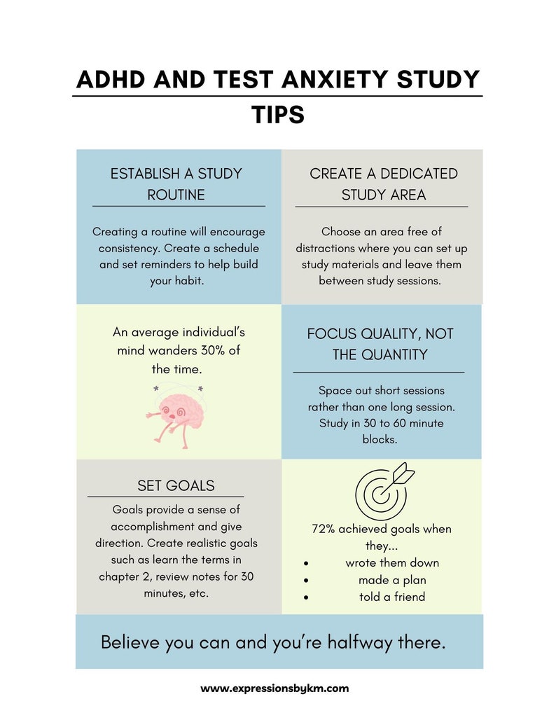 ADHD and Test Anxiety Study Tips - Worksheet for Parents, Counselors ...